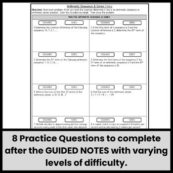Arithmetic Sequence Series Notes With Cut And Paste Activity TPT
