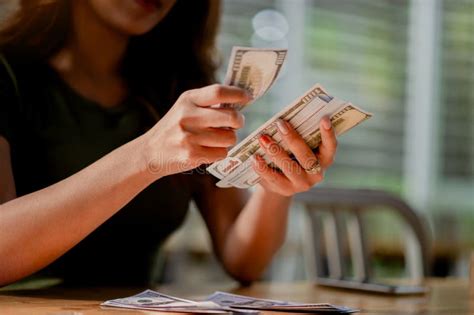 Currency Asian Girl Counting Money Salary Income From Financial