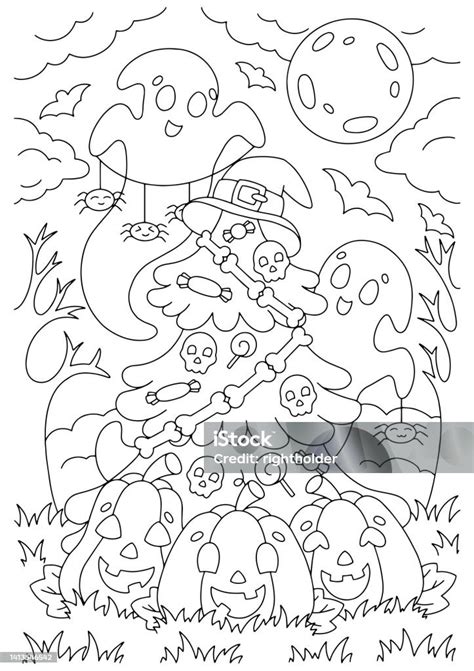 쾌활한 유령이 할로윈 나무를 장식합니다 아이들을위한 색칠 공부 책 페이지 만화 스타일 캐릭터 흰색 배경에 고립된 벡터