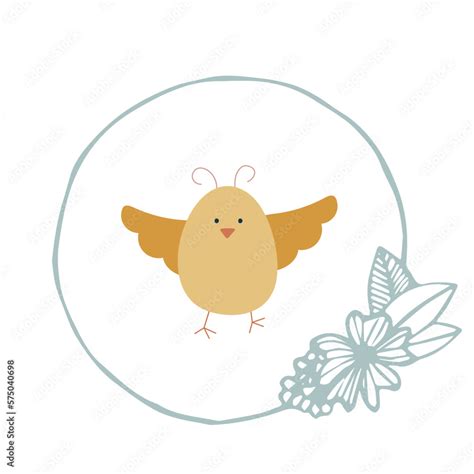 Cute Cartoon Yellow Chicken In A Delicate Frame Isolated On White