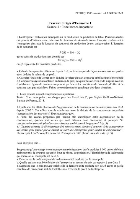 Td 3 Monopole Et Concurrence Imparfaite Prerequis Economie 1 L3