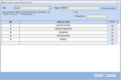 ms access add delete update using sql vba code ms access