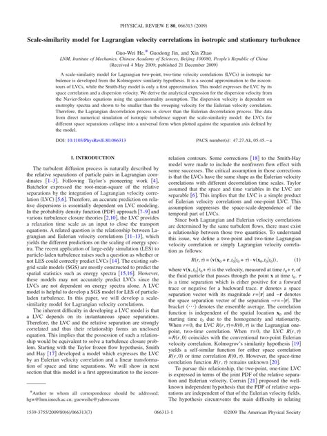 Pdf Scale Similarity Model For Lagrangian Velocity Correlations In Isotropic And Stationary