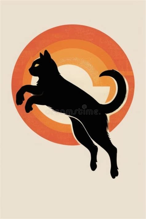 A Minimalist Vintage Design Featuring A Sleek Stylized Jumping Cat Silhouette Over Faded Bright