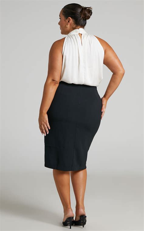 Ginna Front Slit Midi Pencil Skirt In Black Showpo