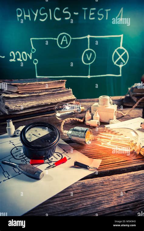 Physics Class Rooms With Edison Light Bulb And Electrical Diagram Stock
