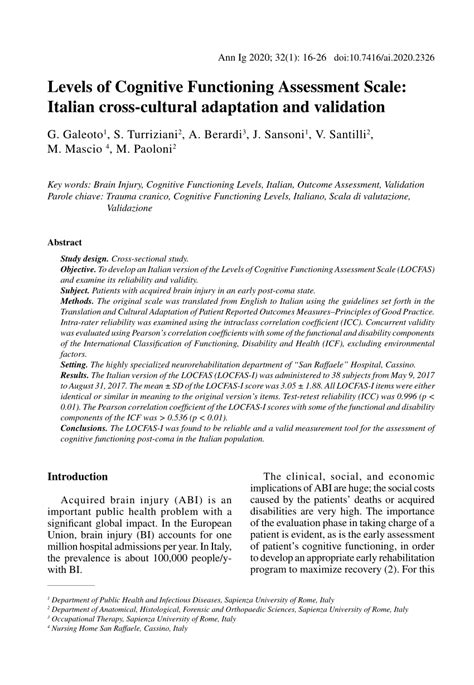 Pdf Levels Of Cognitive Functioning Assessment Scale Italian Cross Cultural Adaptation And
