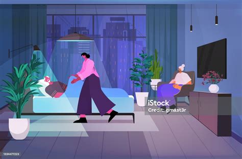 친절한 간호사 또는 취사 간호사 환자 를 지원하는 노인 환자 침대 홈 케어 서비스 의료 개념 병원에 대한 스톡 벡터 아트 및