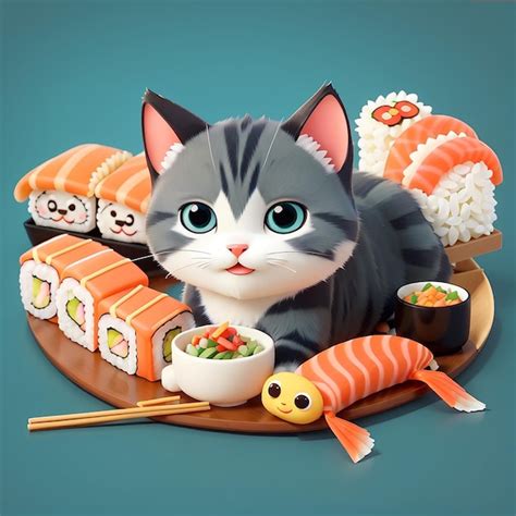 Premium Photo Cute Cat Eating Sushi Cartoon Vector Icon Illustration