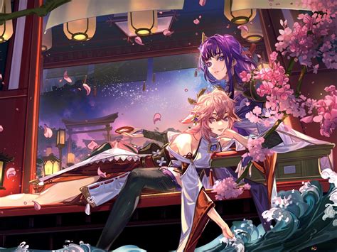 Yae Miko Resting Over Raiden Shogun Arms Genshin Impact 2k Wallpaper