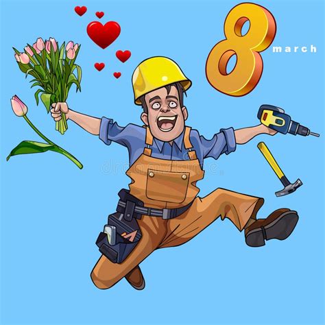Constructor De Sexo Masculino De La Historieta Que Salta Feliz Con Un Manojo De Flores
