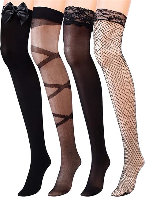 Chengu 4 Pares De Medias De Malla Medias De Muslo Alto De Encaje Negras