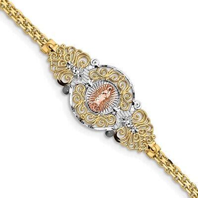 Real 14k Two Tone Wrhodium Our Lady Of Guadalupe Chain Bracelet 7