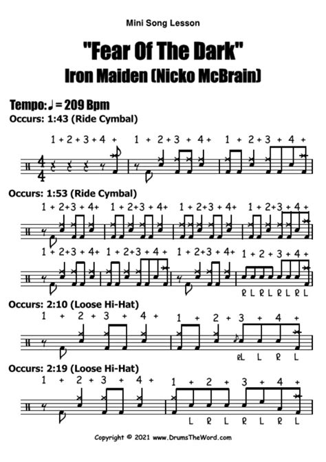 Fear Of The Dark Iron Maiden MINI SONG LESSON Free Video Drum Lesson Sheet Music Nicko