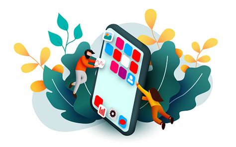 작은 사람과 거대한 스마트 폰과 현대 배너 템플릿 모바일 앱 디자인 사용자 인터페이스 개발 개념입니다 응용 프로그램을 빌드하는
