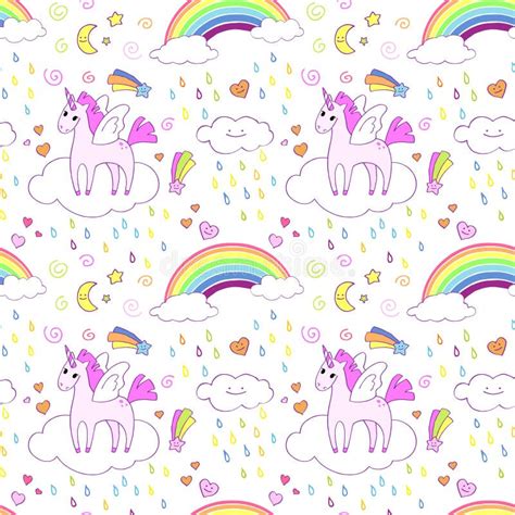 Seamless Pattern With Bright Cute Unicorns And Rainbows Stock Vector