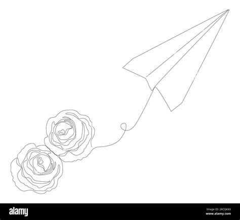 One Continuous Line Of Paper Airplane With Rose Flowers Thin Line
