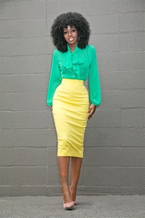 Green Tie Front Blouse Yellow Pencil Skirt Work Fashion Modest