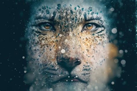 Human White Leopard Hybrid Portrait In Double Exposure Stock