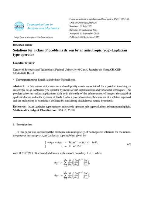 Pdf Solutions For A Class Of Problems Driven By An Anisotropic P Q Laplacian Type Operator