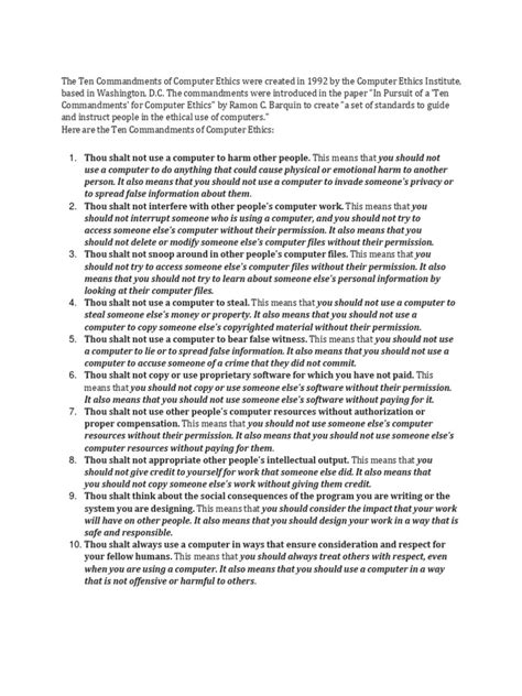 What Are The Ten Commandments Of Computer Ethics That Were Created In 1992 By The Computer