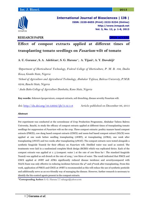 Pdf Effect Of Compost Extracts Applied At Different Times Of Transplanting Tomato Seedlings On