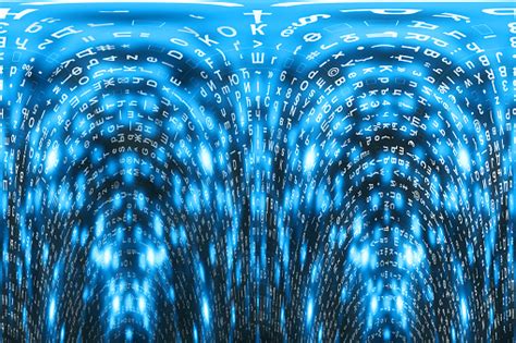 블루 매트릭스 디지털 배경입니다 왜곡 된 사이버 공간 개념 문자가 아래로 떨어집니다 기호 스트림에서 행렬입니다 가상 현실 디자인 복잡 한 알고리즘 데이터 해킹 시안 디지털