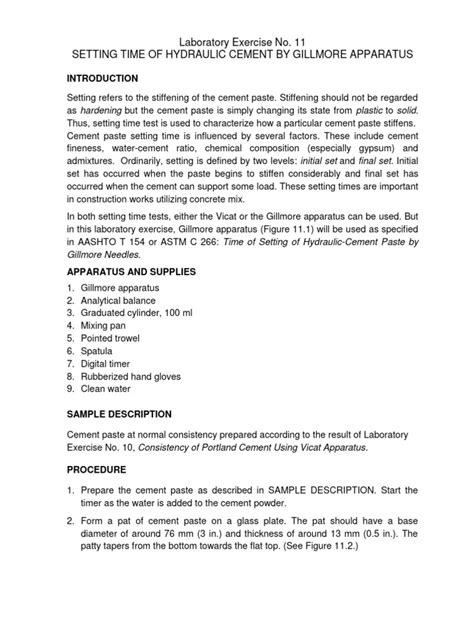 Labex No 11 Setting Time Of Hydraulic Cement Using Gillmore Apparatus