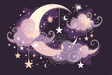 판타지 밤하늘 초승달 별 일러스트 무료 다운로드 Lovepik