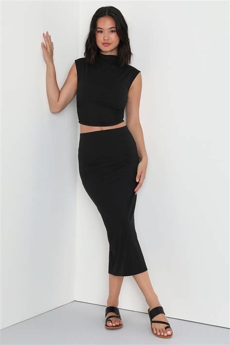 Black Midi Dress Sleeveless Two Piece Dress Mock Neck Dress Lulus