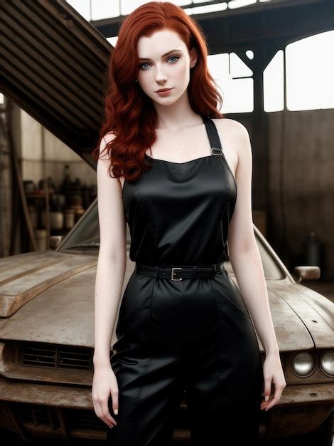Premium Ai Image A Woman In A Black Leather Dress Stands In Front Of