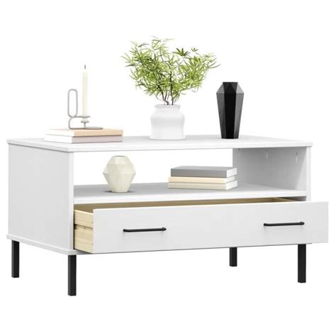 Table basse YOSOO OSLO Bois de pin massif Pieds en métal Blanc Cdiscount Maison
