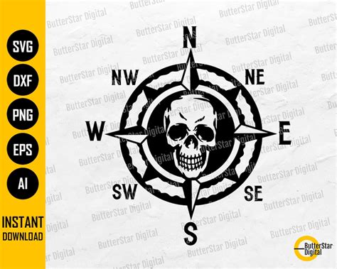 Skull Compass Svg Nautical Svg Wind Rose Svg Cricut Cutting File