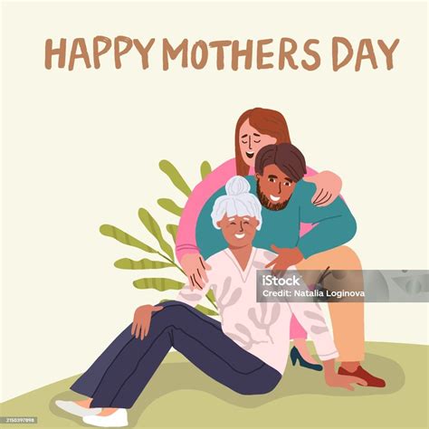 해피 어머니의 날 인사말 카드 디자인 백발이 성성한 노인 엄마와 어른 아이들 어른들 가족 노인 엄마 아들과 딸 달콤한 국제 휴일