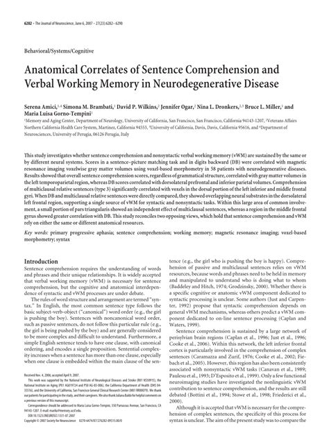Pdf Anatomical Correlates Of Sentence Comprehension And Verbal