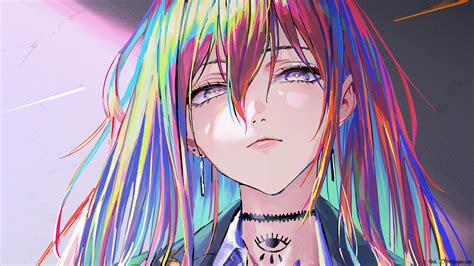 Artistic Anime Girl With Rainbow Colored Hair 4k Wallpaper Download