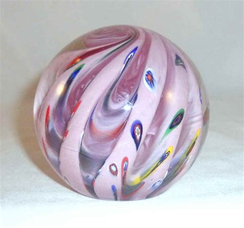 Vintage Blown Art Glass Paperweight Pink Swirl And Colorful Highlights M