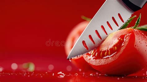 A Knife Slicing Through A Tomato With Water Dripping Off Ai Stock