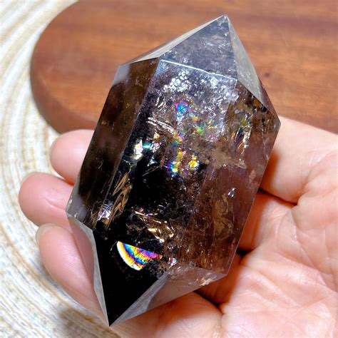 Healing Natural Crystal Brazil Rainbow Smokey Quartz Tower Double Point