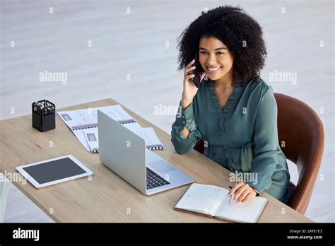 Phone Call Notebook And Laptop With Business Woman For Planning