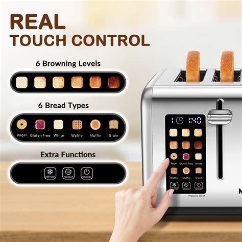 Mecity 4 Slice Toaster Touch Screen Control 4 Wide Slot Stainless Steel Smart Bread Toaster For