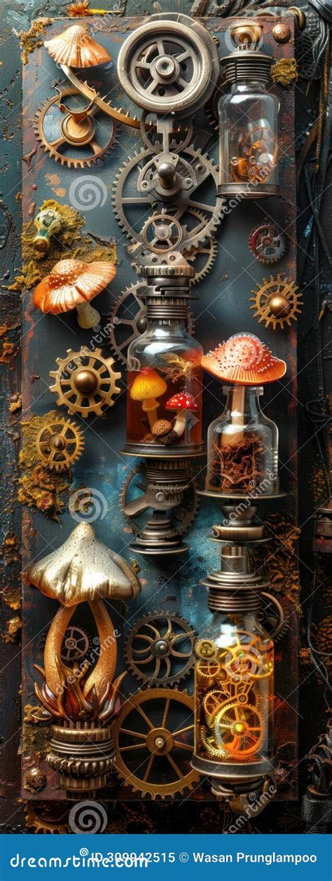 Steampunk World With Aluminum Gears Pixie Mushroom Juice Vials Stock Image Image Of Innovation