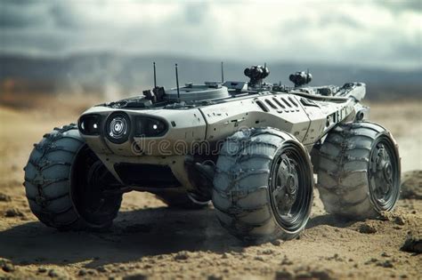 Robotic Exploration Vehicle On A Rugged Terrain In A Remote Desert Landscape Stock Image Image