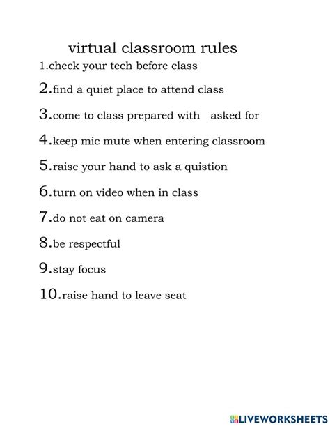 Virtual Class Room Rules Worksheet Live Worksheets