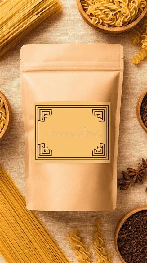 Kraft Noodle Packaging Mockup With Assorted Pasta And Spices On Natural Fabric Background Stock