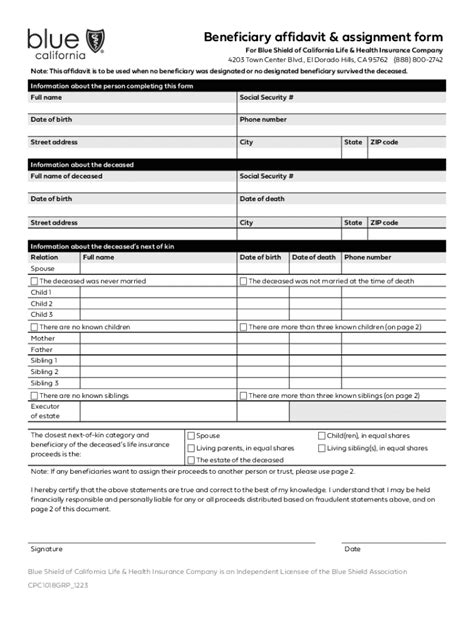 Fillable Online Beneficiary Affidavit And Assignment For Blue Shield Of