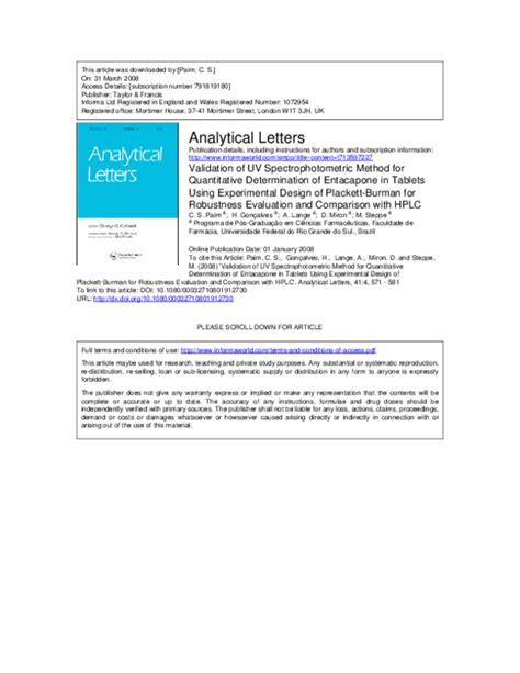 Pdf Validation Of Uv Spectrophotometric Method For Quantitative Determination Of Entacapone In
