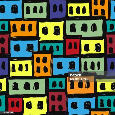 파벨라의 밝은 다채로운 다채로운 여러 가지 빛깔의 집 귀여운 매끄러운 패턴 컬러 윤곽선 스케치 도면입니다 벡터 플랫 그래픽 손 그린 그림 텍스처 빈민가에 대한 스톡 벡터