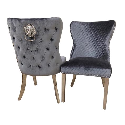 The Arianna Grey Marble Dining Set 180cm With 6 Shimmer Lion Head Di