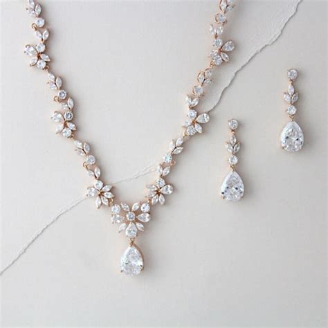 Rose Gold Necklace Set Bridal Jewelry Set Bridesmaid Jewelry Etsy